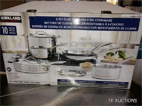 TK Auctions - Kirkland Signature 5-ply Clad Stainless Cookware Set, 10 ...