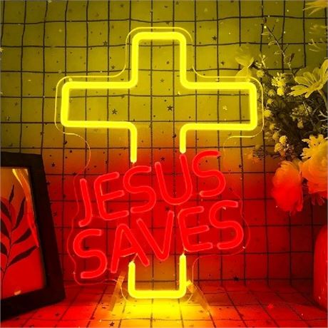 TK Auctions - Cross Neon Signs "Jesus Saves" LED Signs, Dimmable
